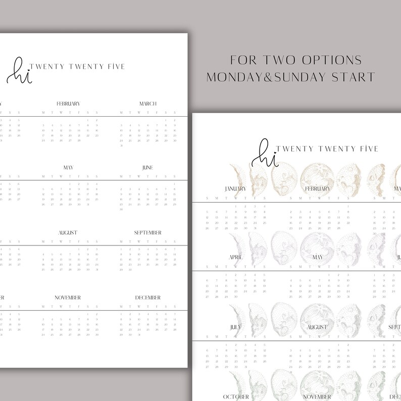 2025 Yearly Calendar, Minimalist and Moon Phases, Printable Calendar ...