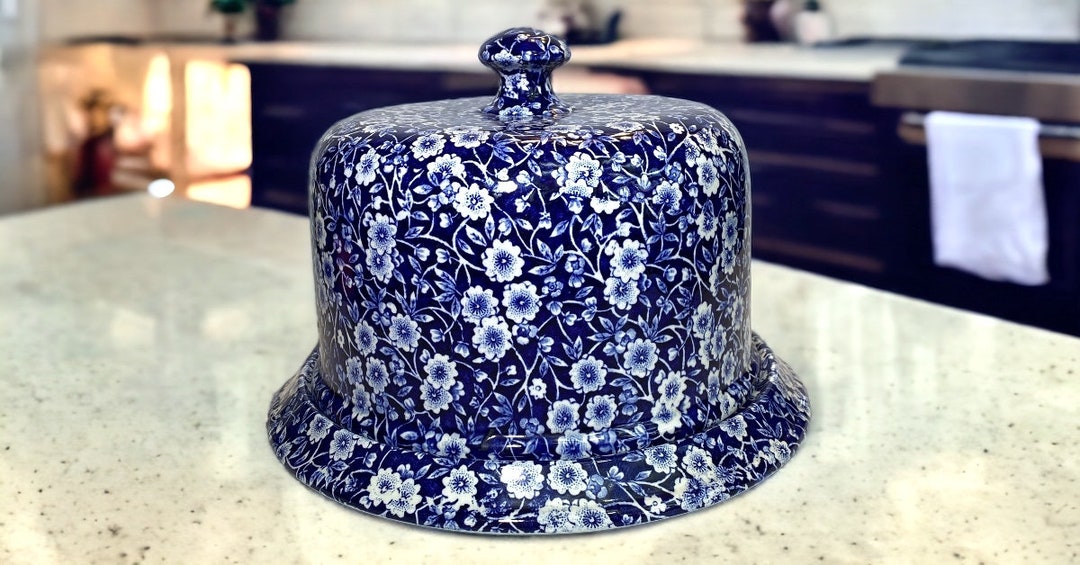 RARE Calico Blue Crownford Stamp Round Cheese Cake Dome Staffordshire ...