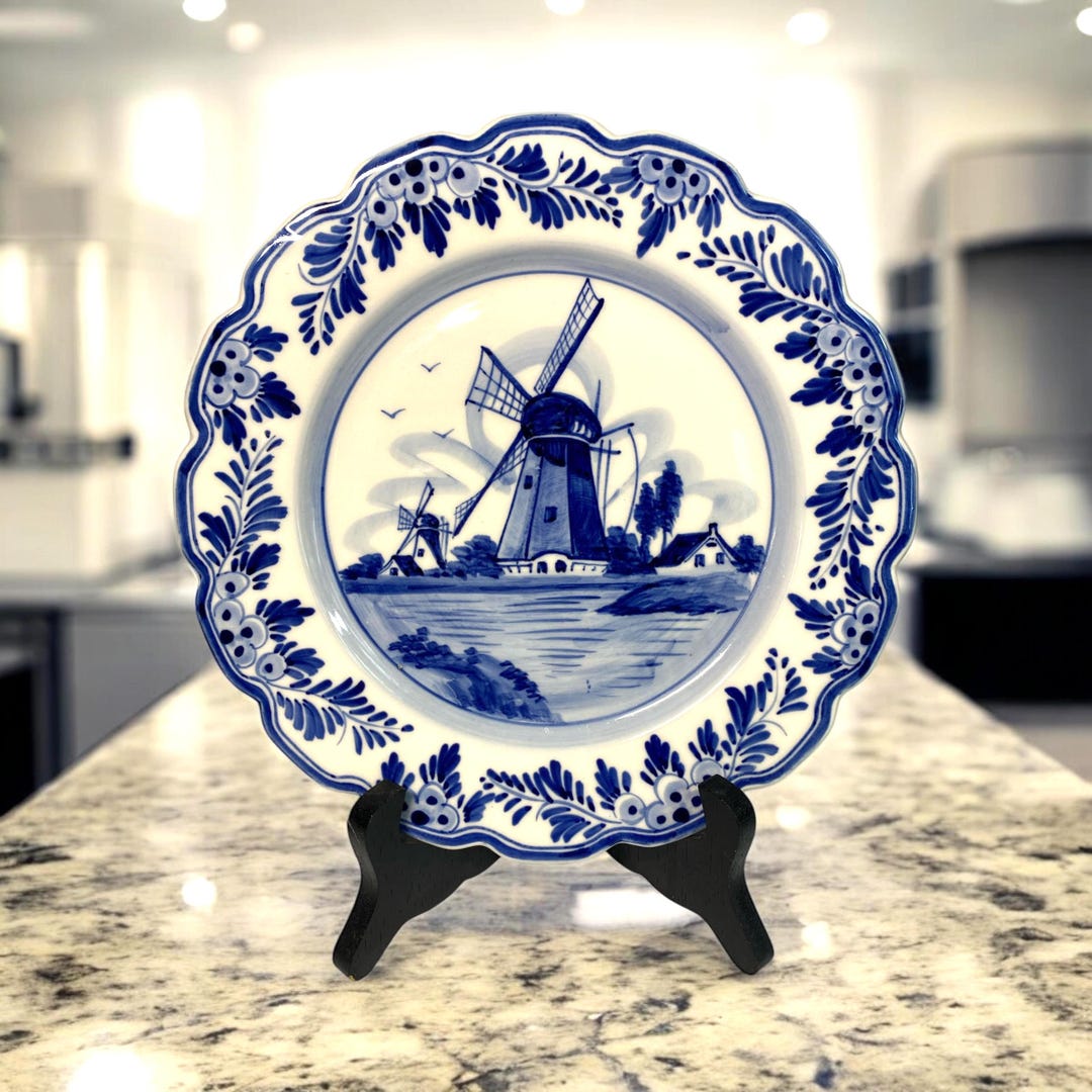 Vintage Delft Blue White Hand Painted Wall Plate Dutch Floral Wind Mill ...