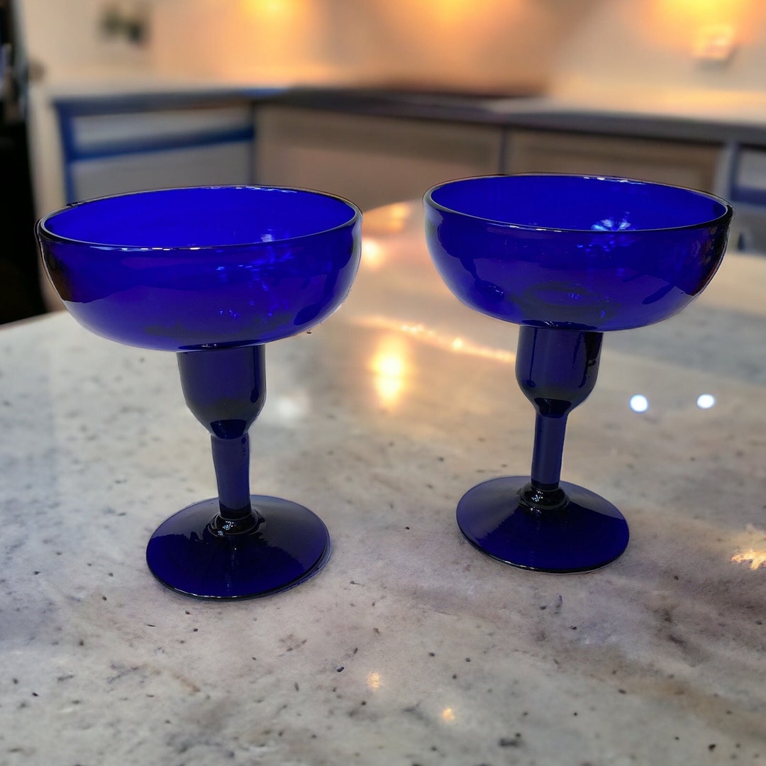 Set of 2 Vintage Cobalt Blue Hand Blown Glass Margarita Martini Glasses ...
