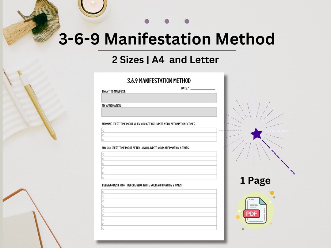 369 Manifestation Method Worksheet Affirmation Plan Single Page Sizes 8 ...
