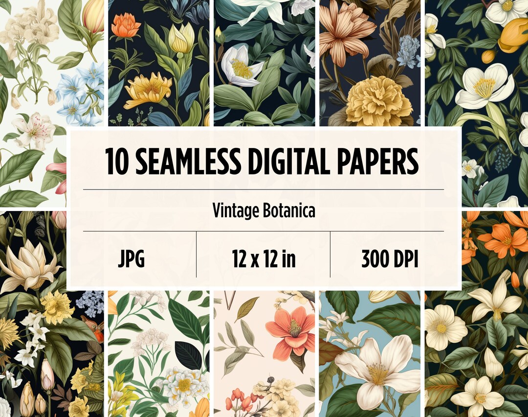 Vintage Botanica - Digital Paper Seamless Repeating Pattern - 10 Designs - 12x12in - Commercial ...