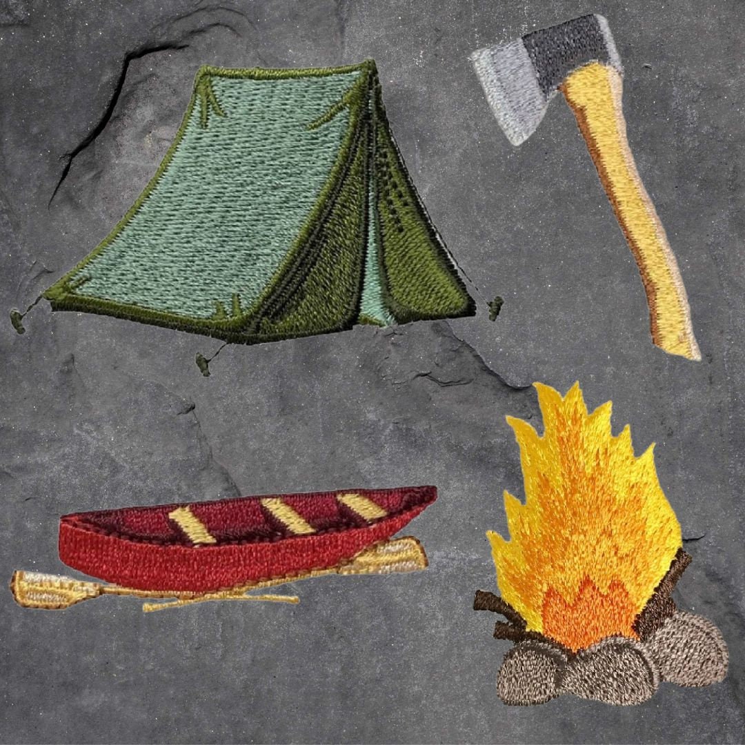 Camping Patch Set - Tent, Axe, Canoe, Campfire, Camp, Outdoors (iron On ...