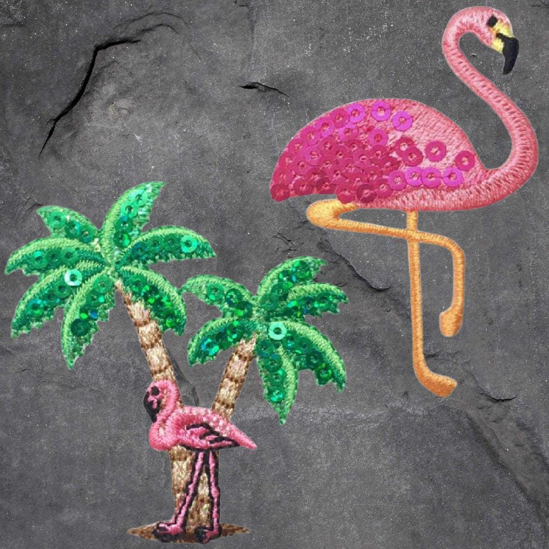 Sequin Flamingo Patch Set - Waterfowl, Palm Trees, Applique (iron On ...