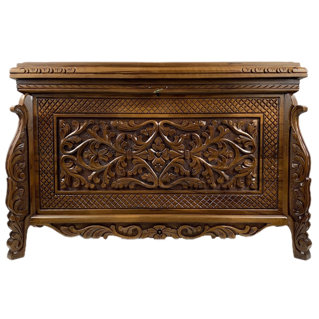 Large Wooden Chest With Lid Walnut "sultan Iii" - Ottoman Chest Hand ...