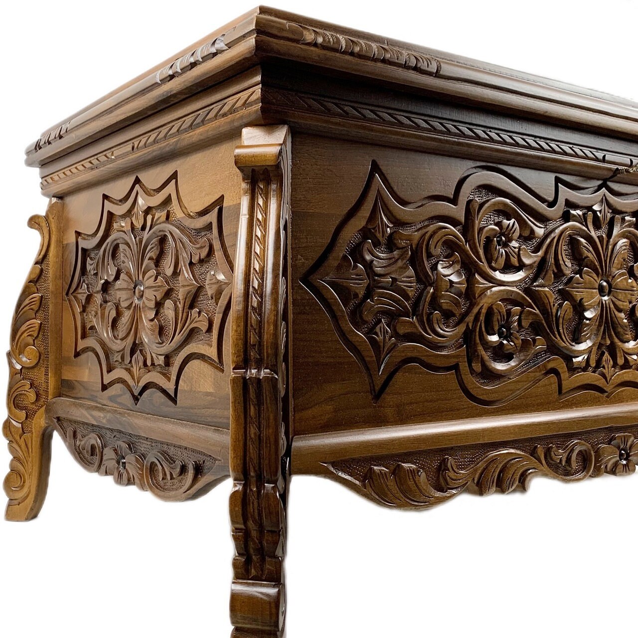 Large Sultan IV Walnut Covered Chest Ottoman Wooden Chest Hand Carved ...