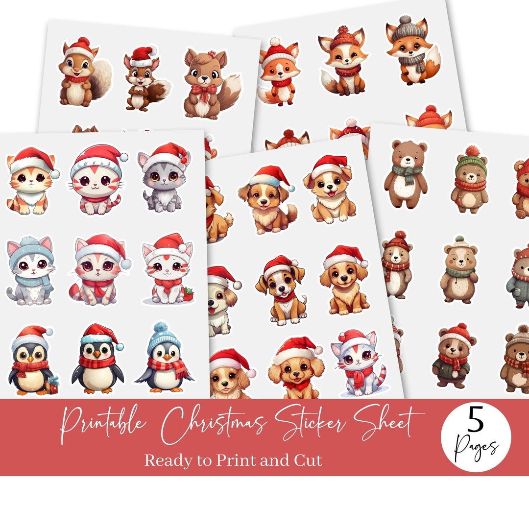 Christmas Animals Printable Sticker Sheets - Pack of 5 INSTANT DOWNLOAD ...