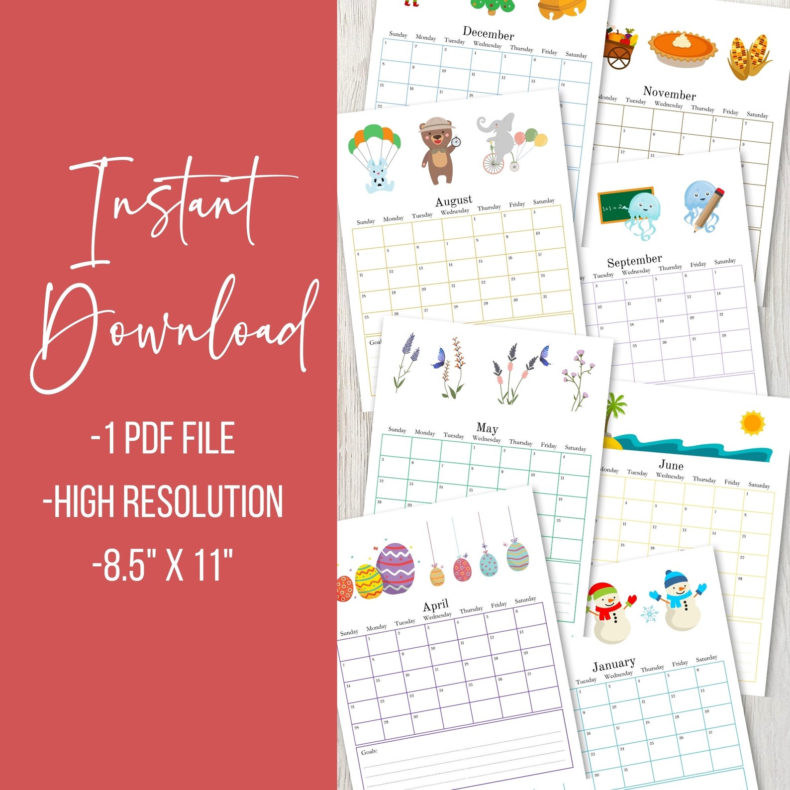 Printable 2024 Calendar Set INSTANT DOWNLOAD 12 Monthly Calendar Pages ...