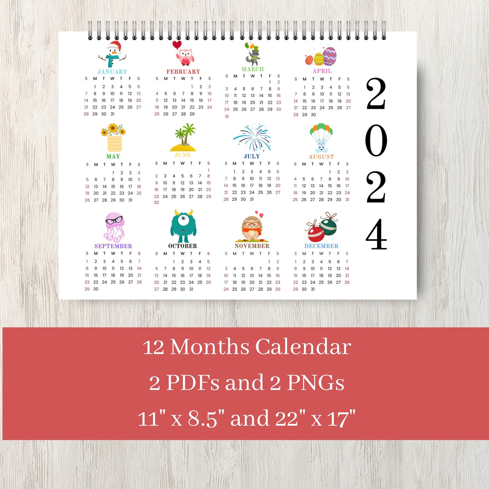 Printable 2024 Calendar Set - INSTANT DOWNLOAD 12-month Calendar Sheet ...