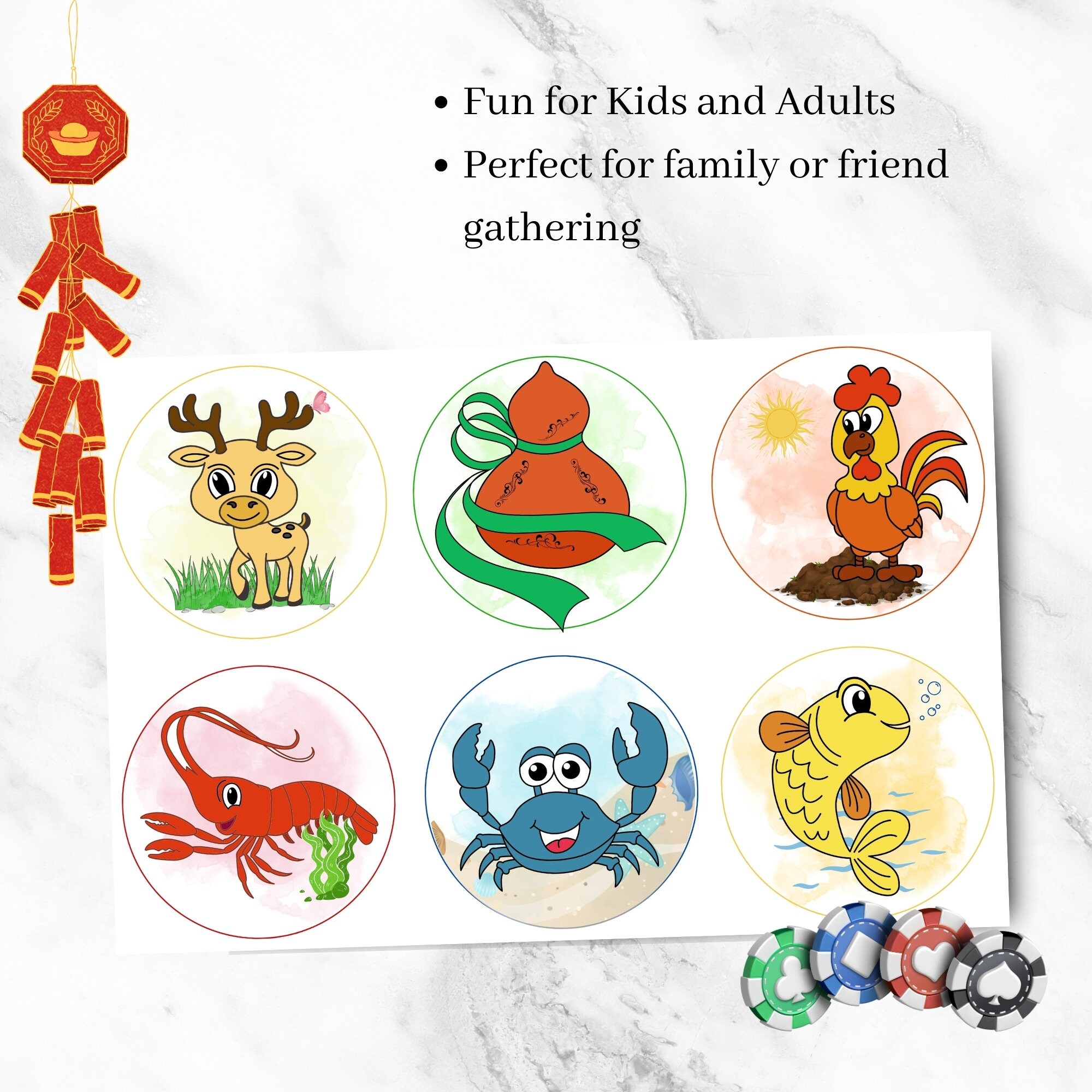 Printable Bau Cua Tom Ca Game: Lunar New Year Family Fun (digital ...