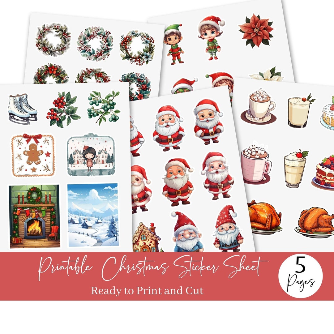 Christmas Printable Sticker Sheets - Pack of 5 INSTANT DOWNLOAD Festive ...
