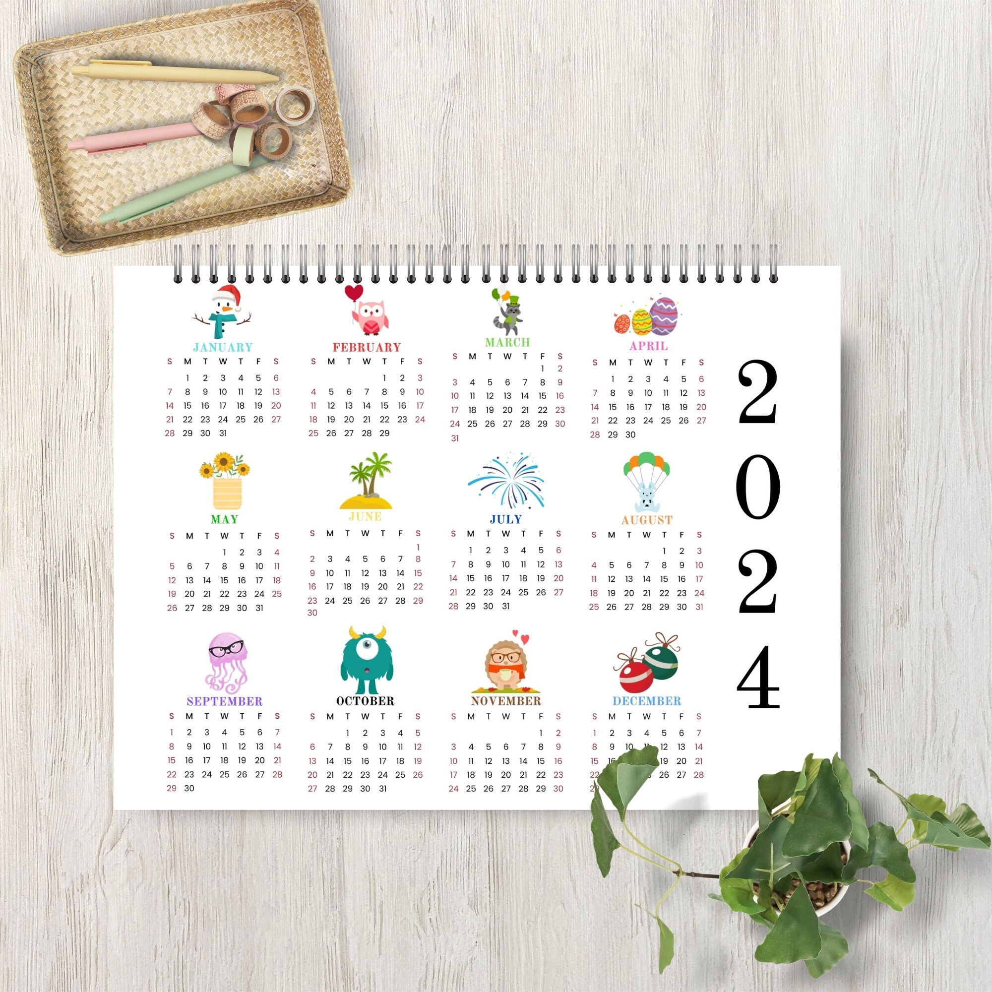 Printable 2024 Calendar Set - INSTANT DOWNLOAD 12-month Calendar Sheet ...