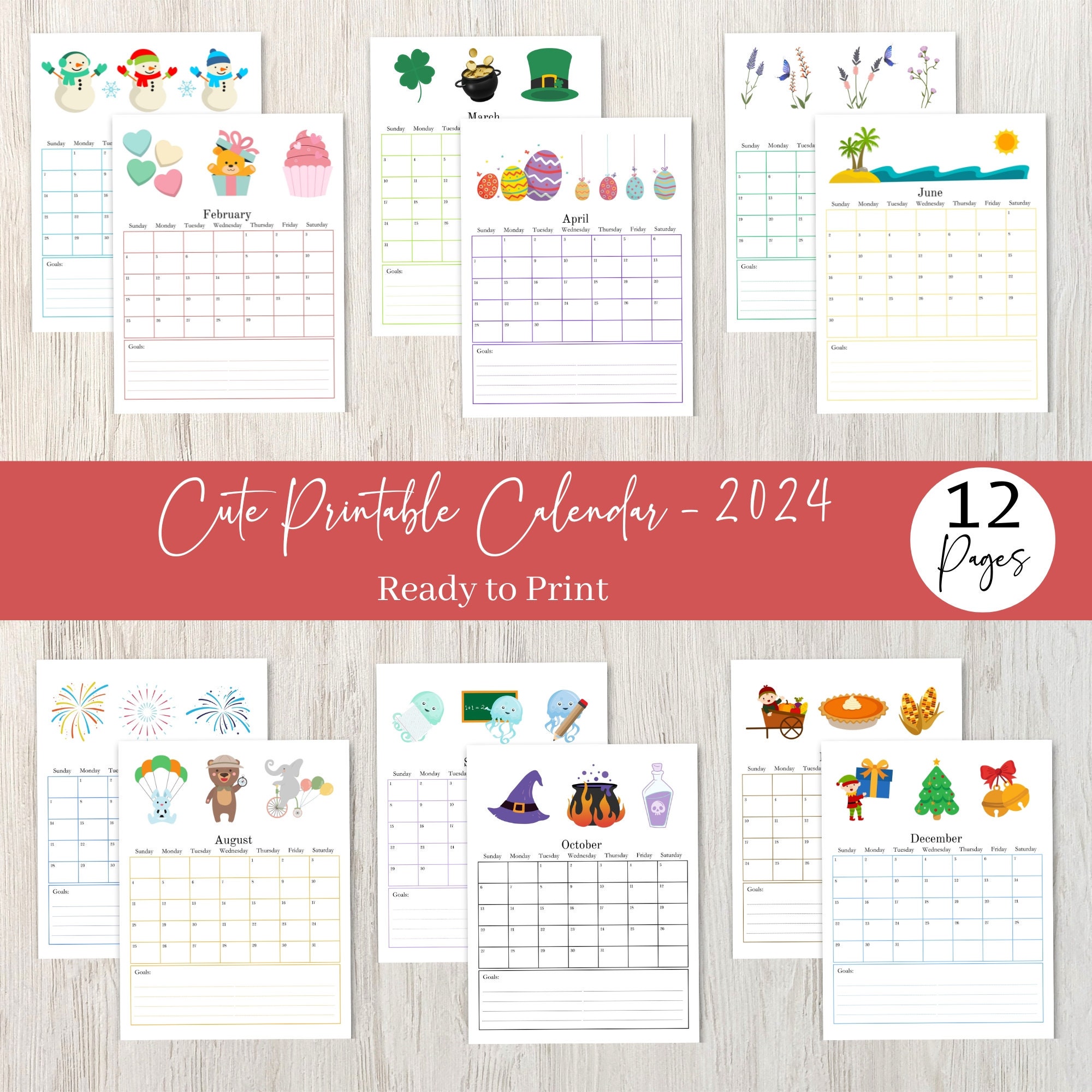 Printable 2024 Calendar Set INSTANT DOWNLOAD 12 Monthly Calendar Pages ...