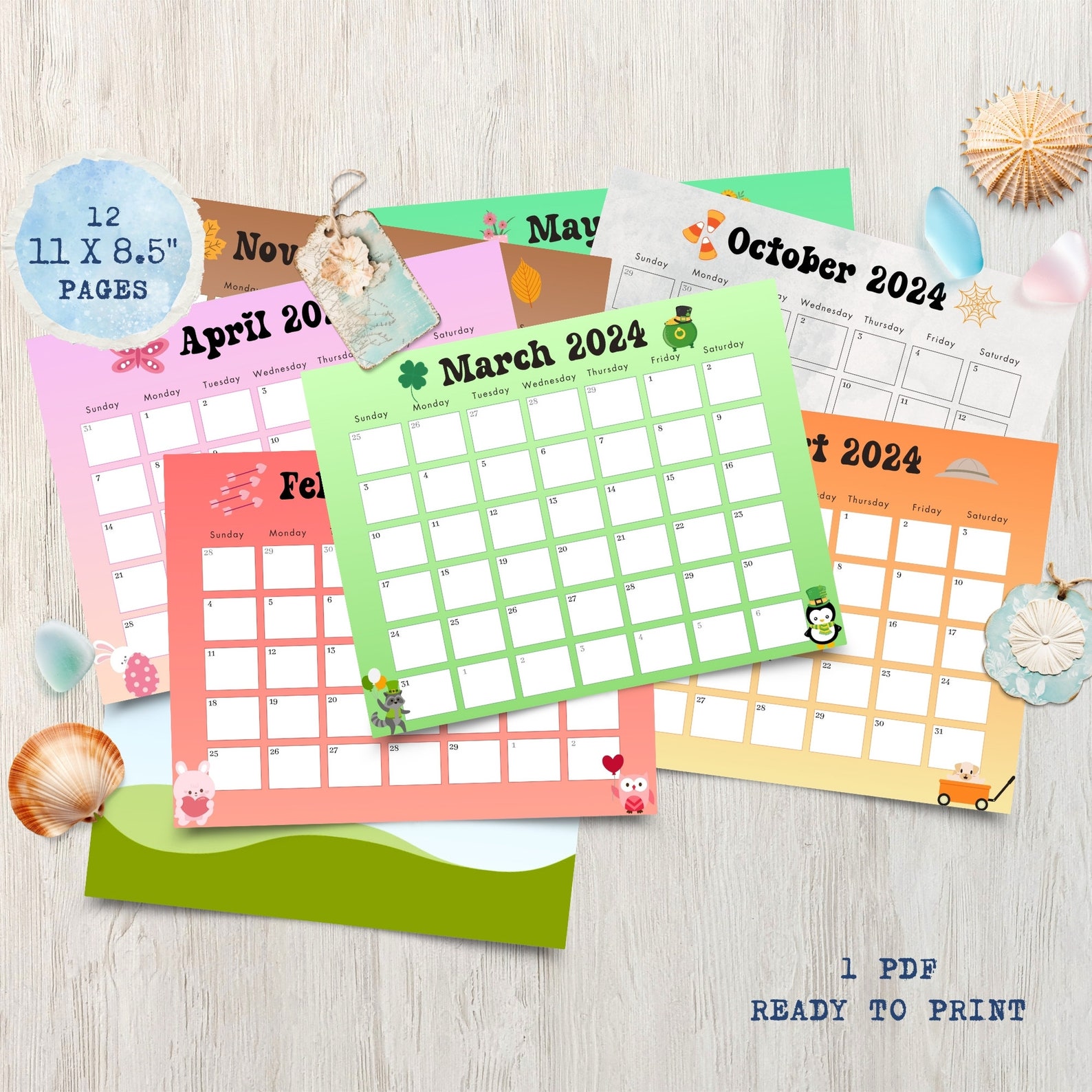 Printable 2024 Calendar Set INSTANT DOWNLOAD 12 Monthly Calendar Pages ...