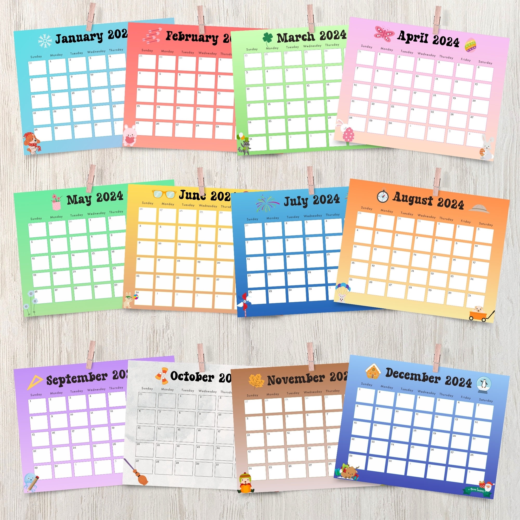 Printable 2024 Calendar Set INSTANT DOWNLOAD 12 Monthly Calendar Pages ...