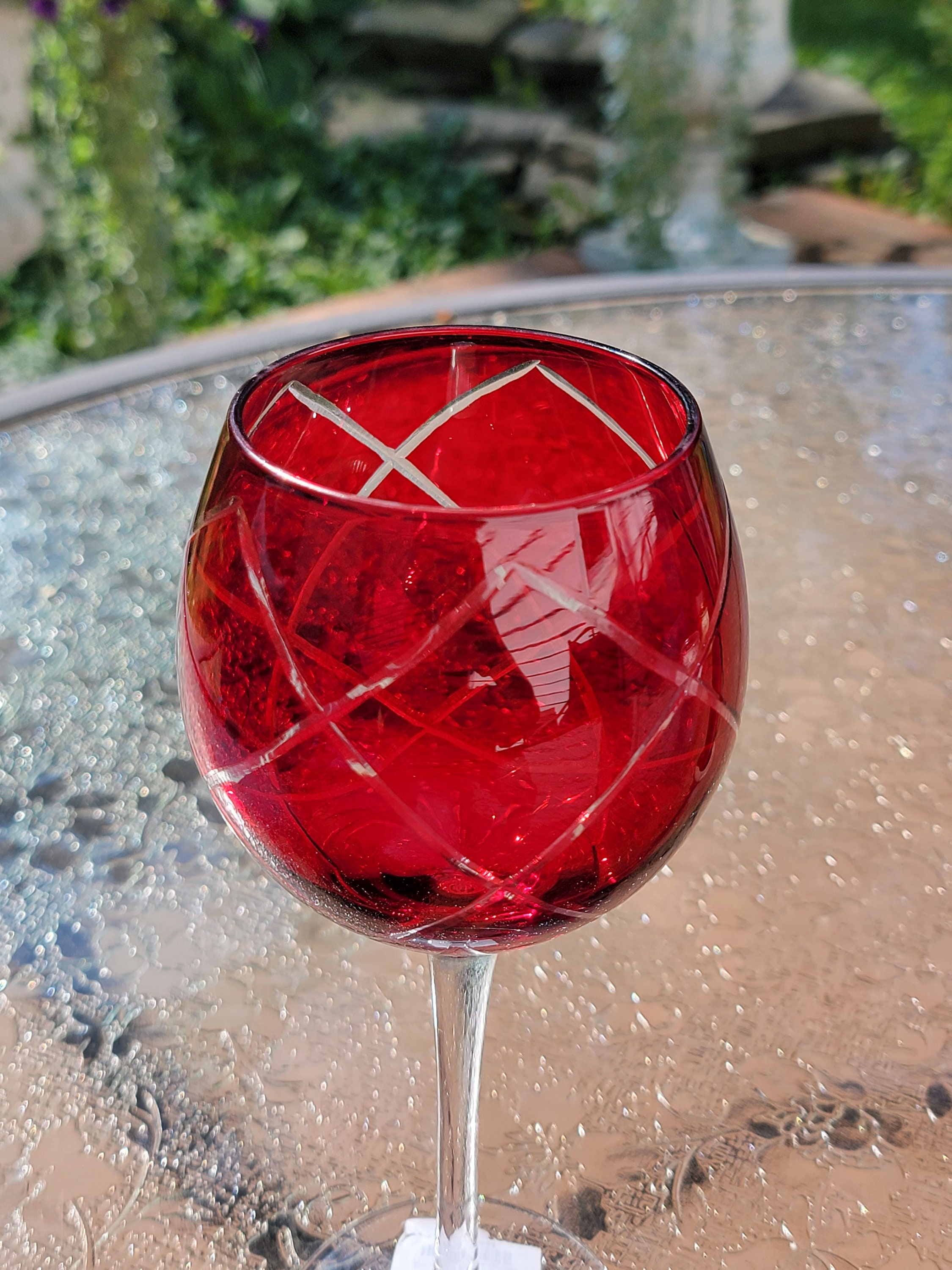 Balloon Crystal Wine Glass Ruby Red to Clear Pier 1 Rare diamond Etched ...