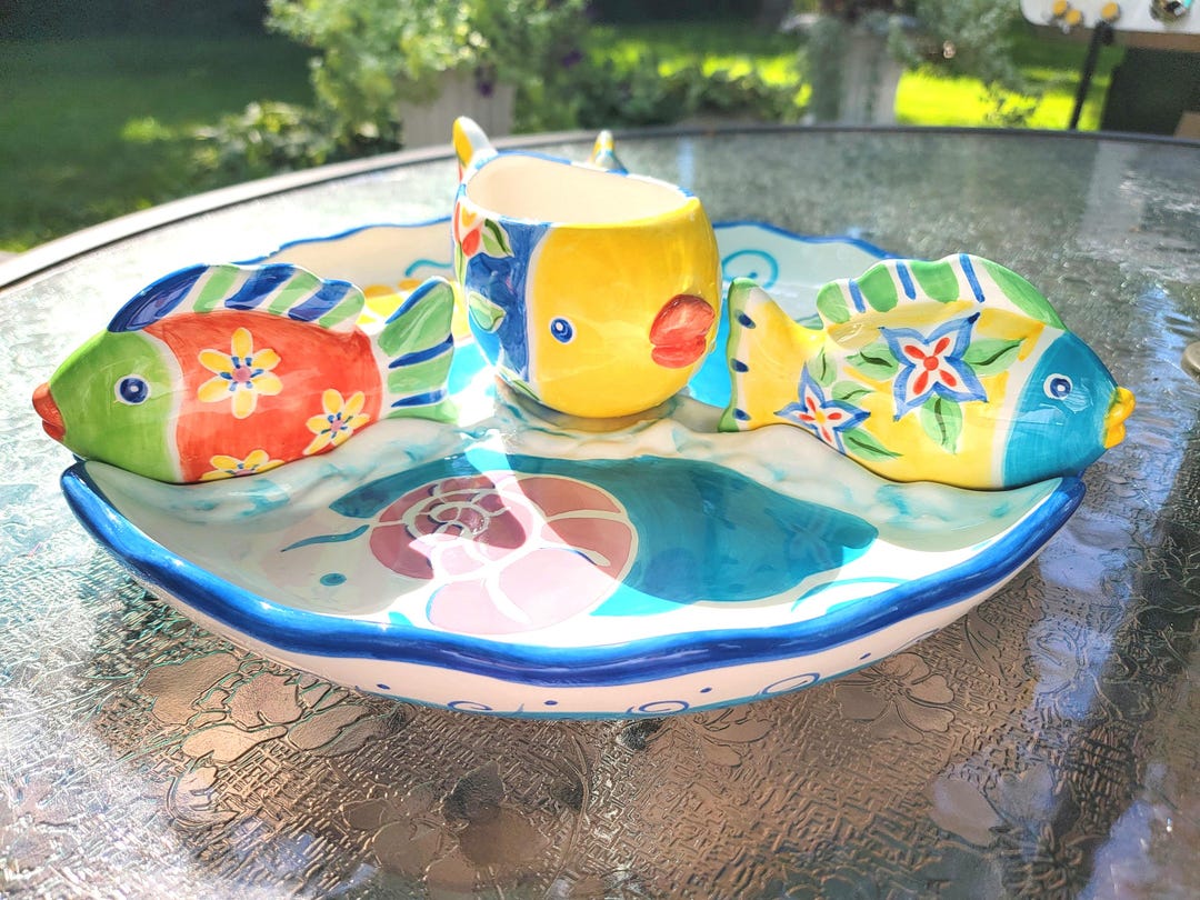 Whimsical Tropical Fish Chip and Dip Set – Hand-painted Ceramic Party ...