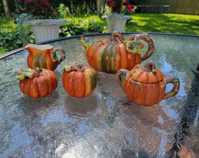 Vintage Ceramic Fall Themed Pumpkin Tea Pot, Sugar, Creamer and Salt ...