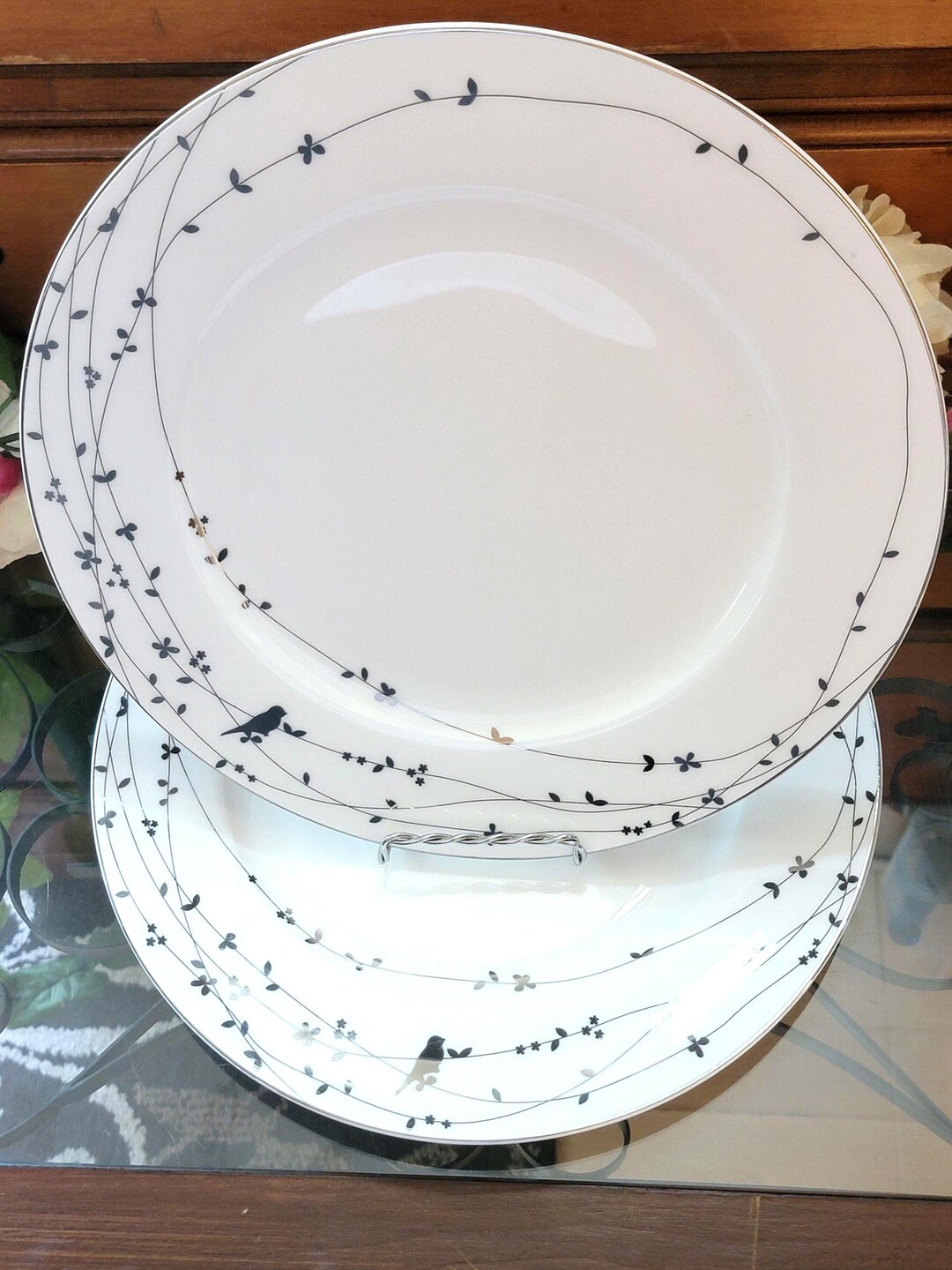 Ciroa Bone China Dinner Plates: "oiseau Platinum" Bird & Vine Design ...