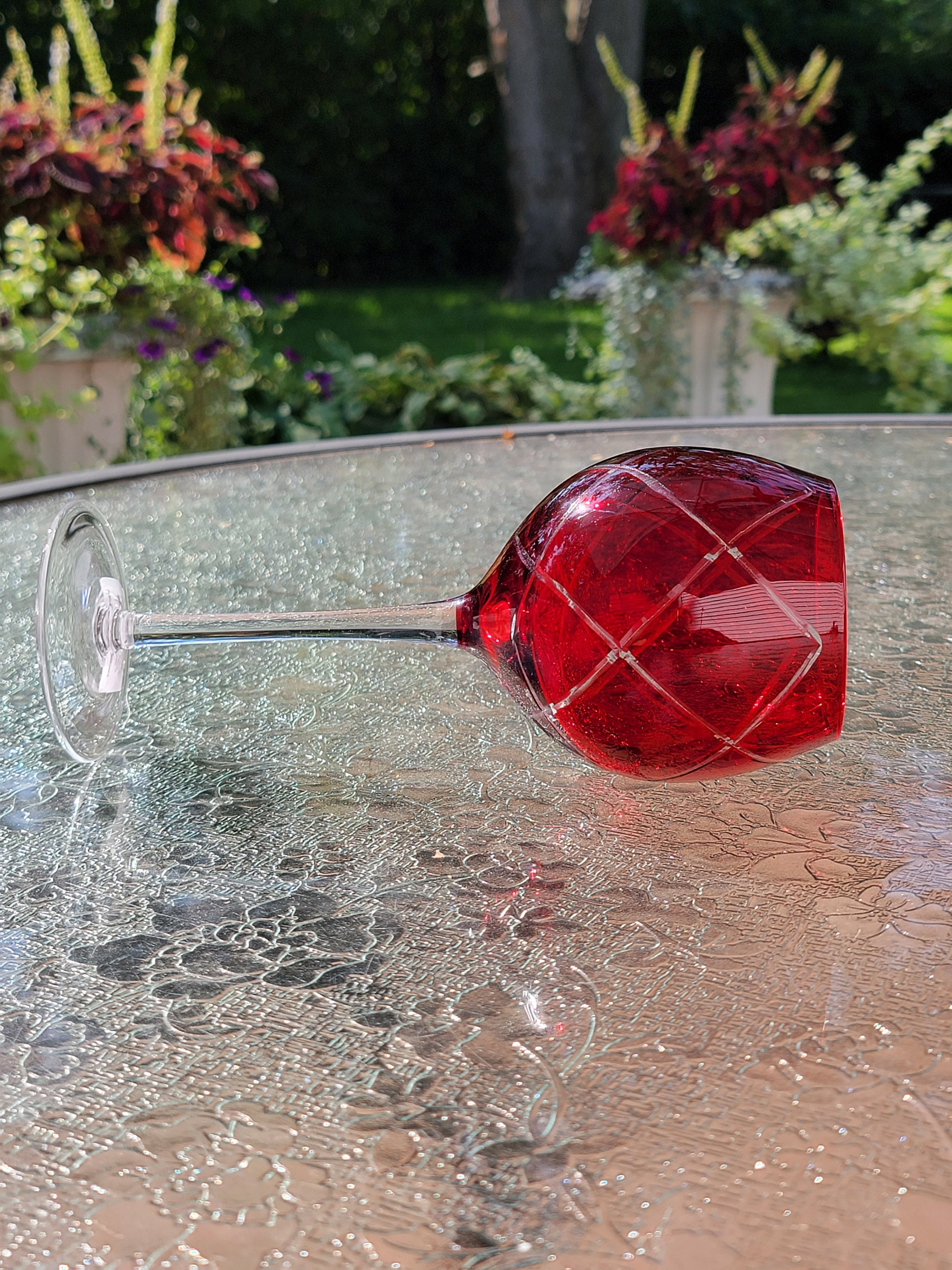 Balloon Crystal Wine Glass Ruby Red to Clear Pier 1 Rare diamond Etched ...