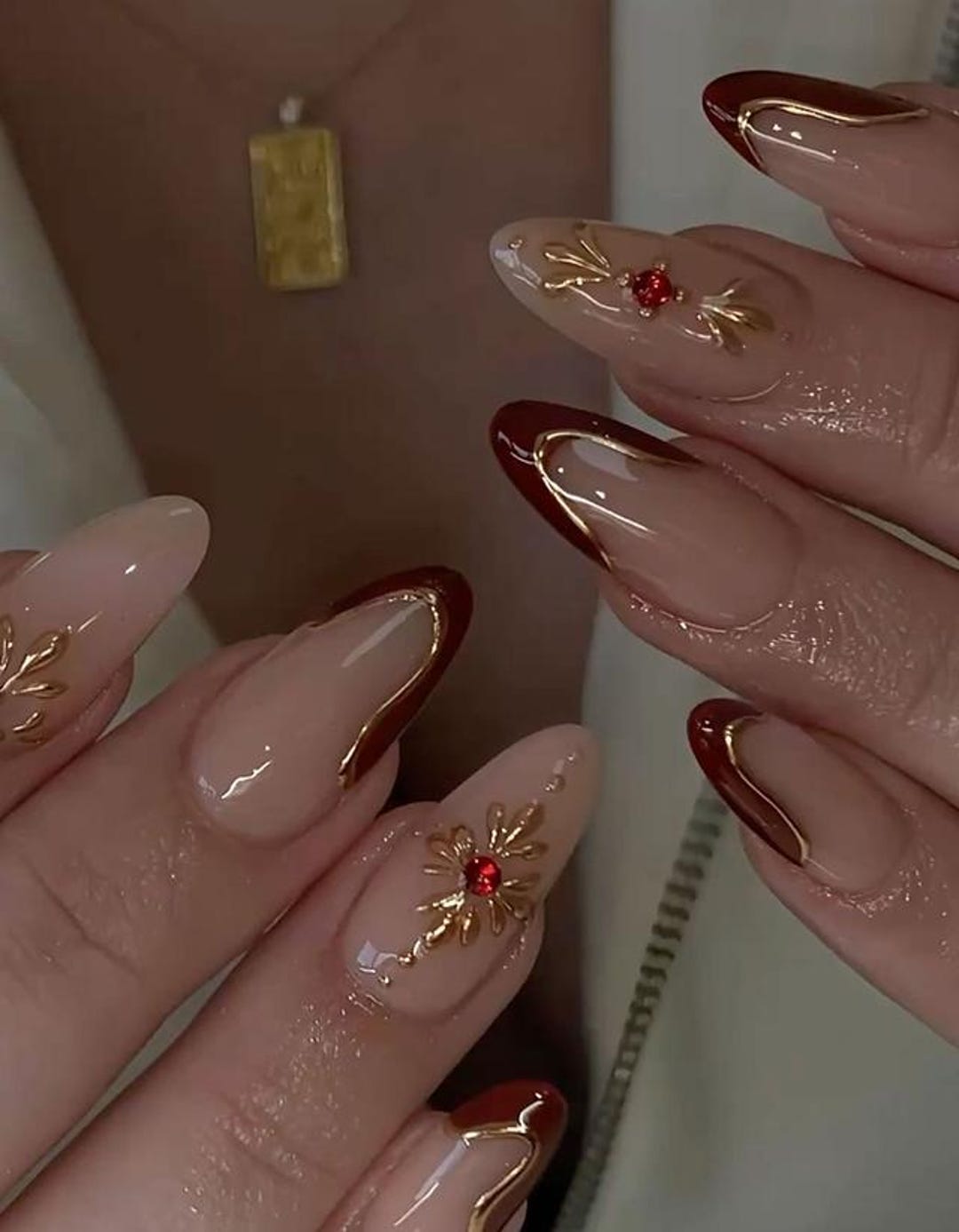 Red & Gold Press on Nails Almond, 3D Floral, Reusable Nail Set - Etsy