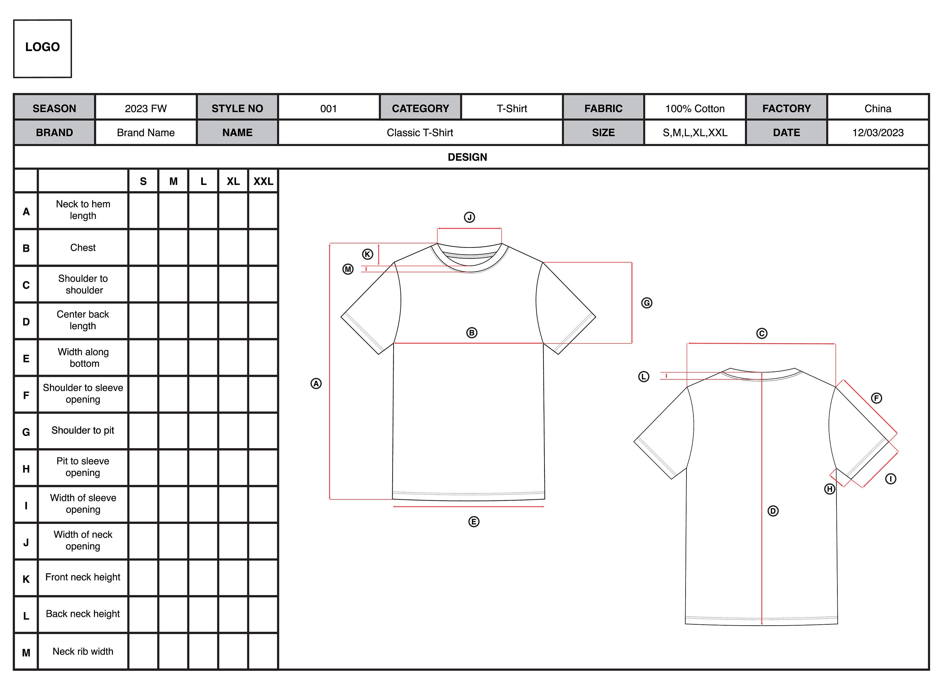 Techpack Layout Template of T-shirt - Etsy Canada
