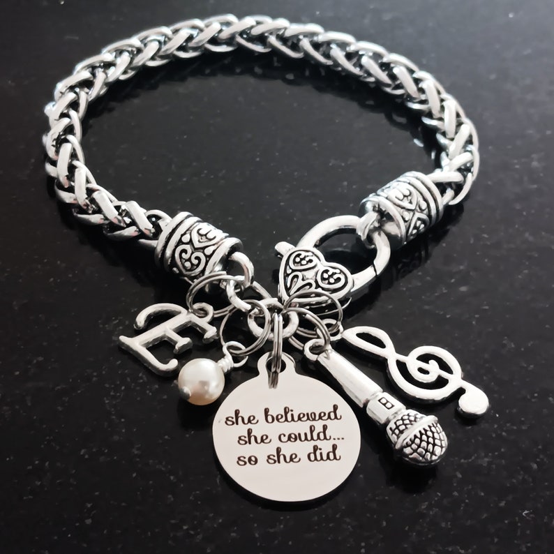 Singer Gift, Singer Bracelet: Microphone Charm, Initial, Pearl ...