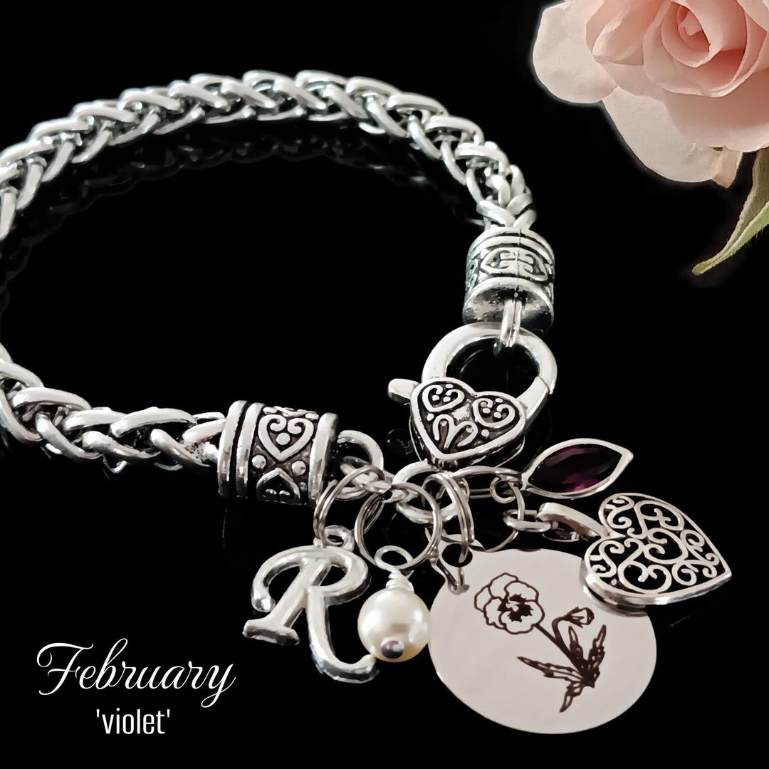 Birth Flower Gift, February Birth Flower Bracelet: Violet, Amethyst ...