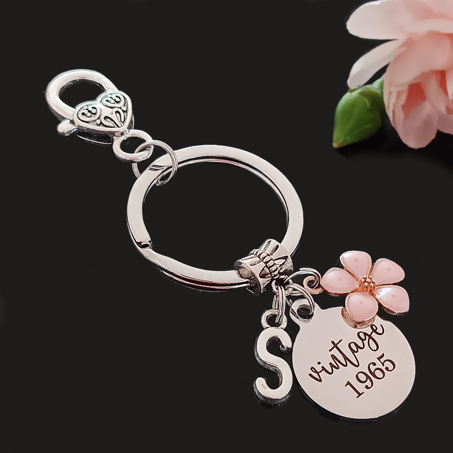 60th Birthday Keychain: Personalized Initial, Vintage 1965, Floral ...