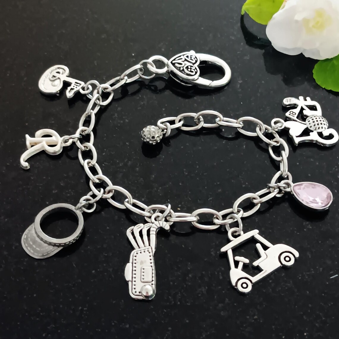 Golf Bracelet: Initial, Golf Cart, 18th Hole, Sports Jewelry - Etsy