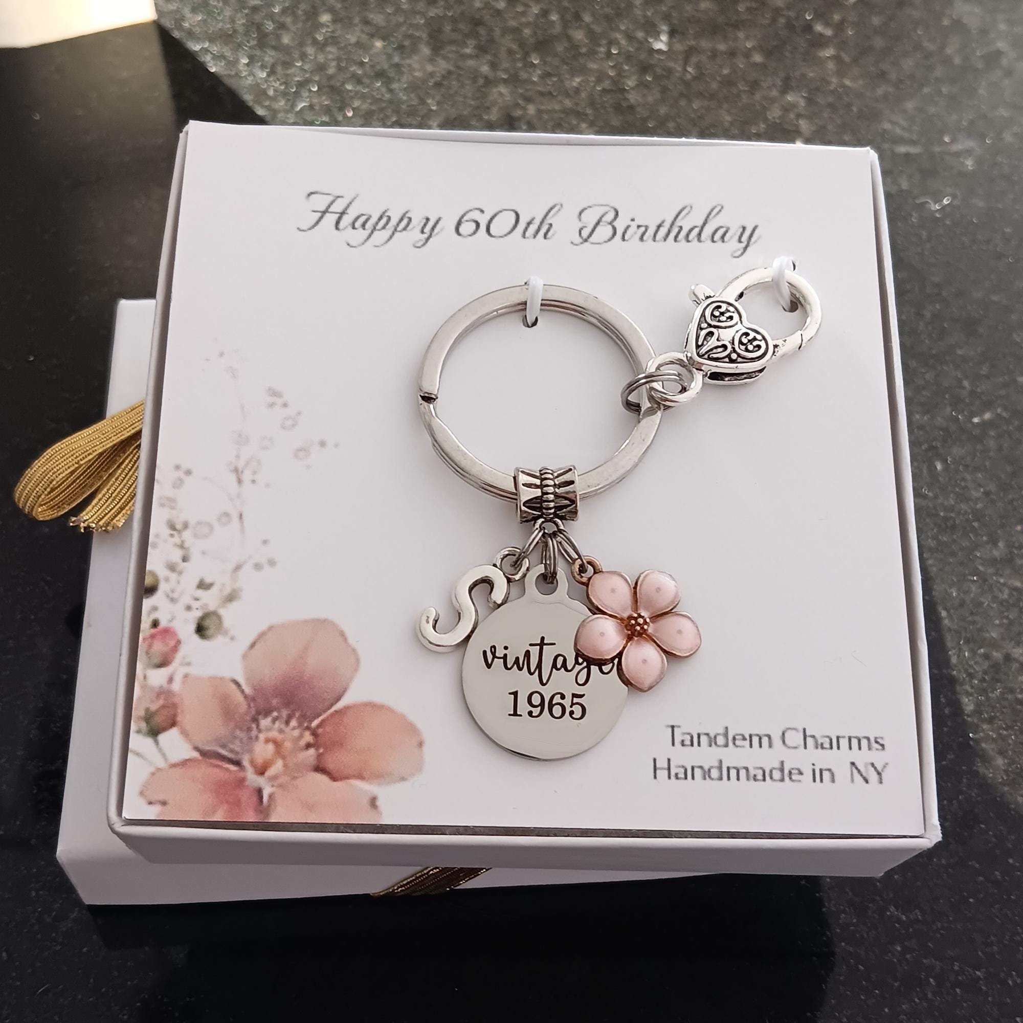 60th Birthday Keychain: Personalized Initial, Vintage 1965, Floral ...