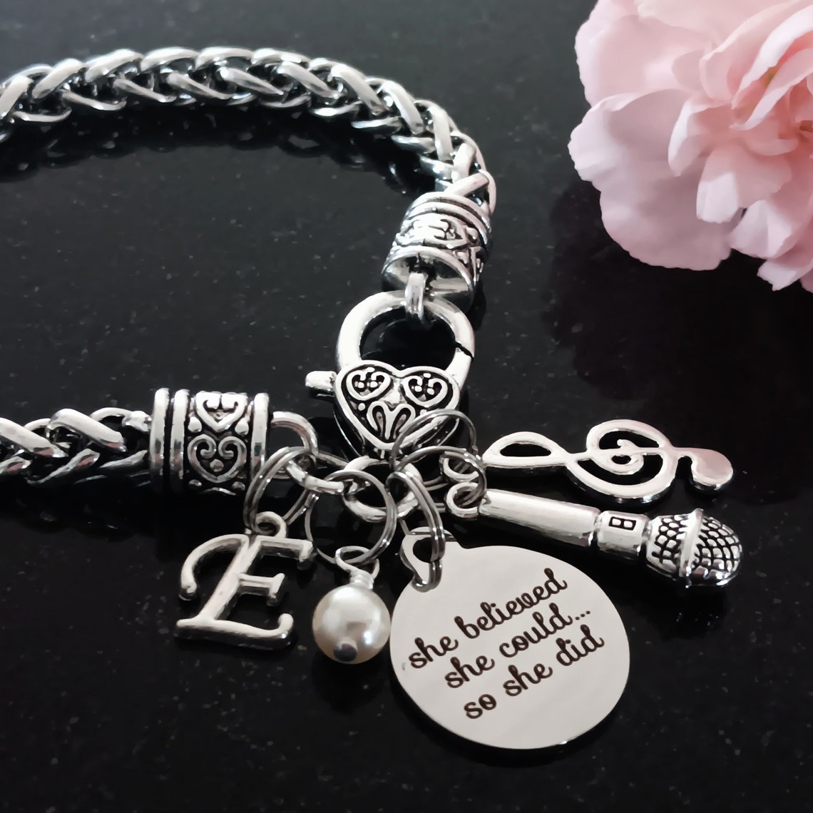 Singer Gift, Singer Bracelet: Microphone Charm, Initial, Pearl ...