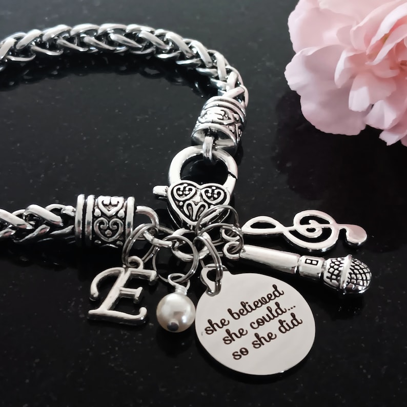 Singer Gift, Singer Bracelet: Microphone Charm, Initial, Pearl ...