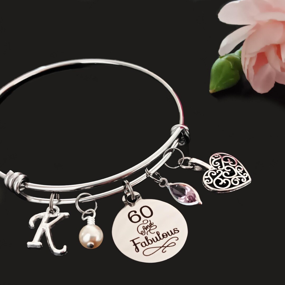 60th Birthday Bracelet: Personalized Initial Bangle, Pearl & Crystal - Etsy