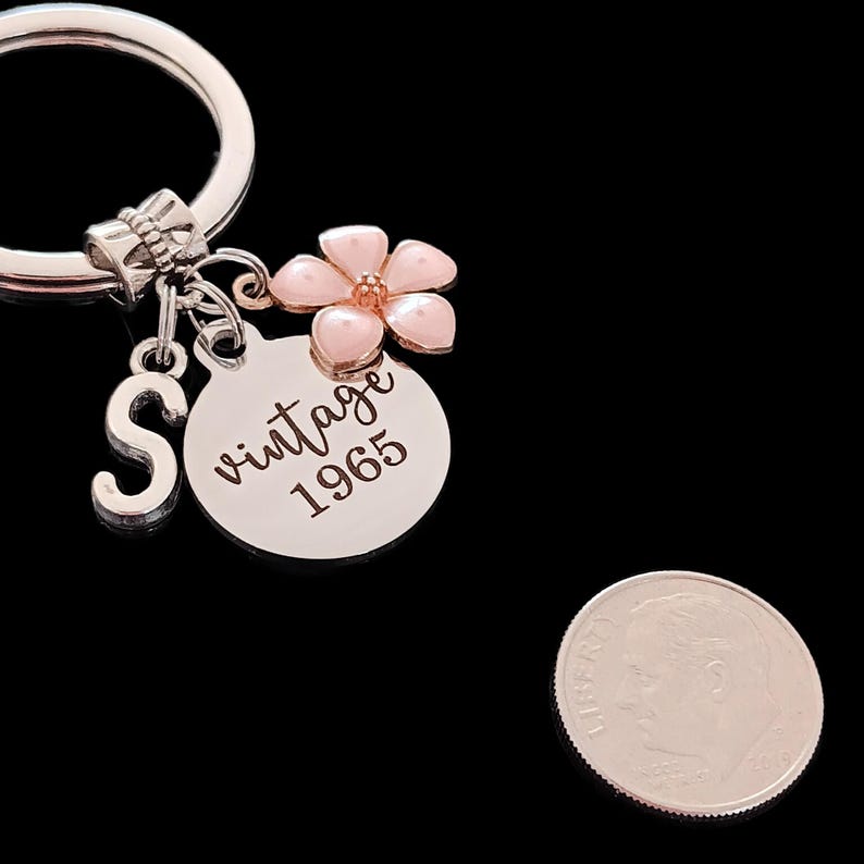 60th Birthday Keychain: Personalized Initial, Vintage 1965, Floral ...