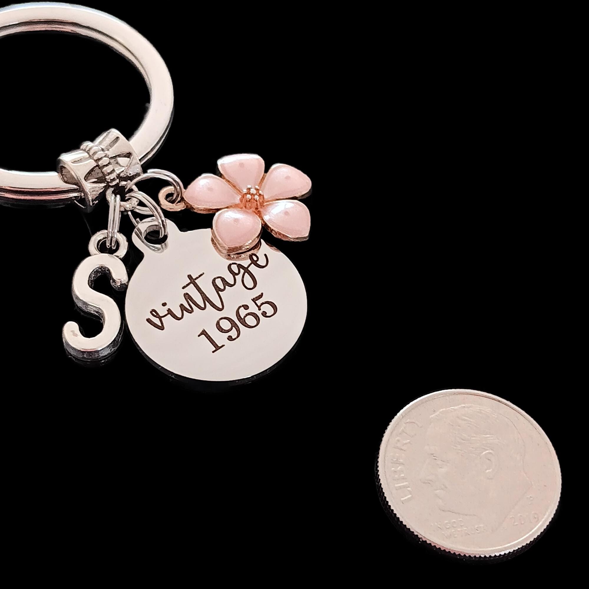 60th Birthday Keychain: Personalized Initial, Vintage 1965, Floral ...