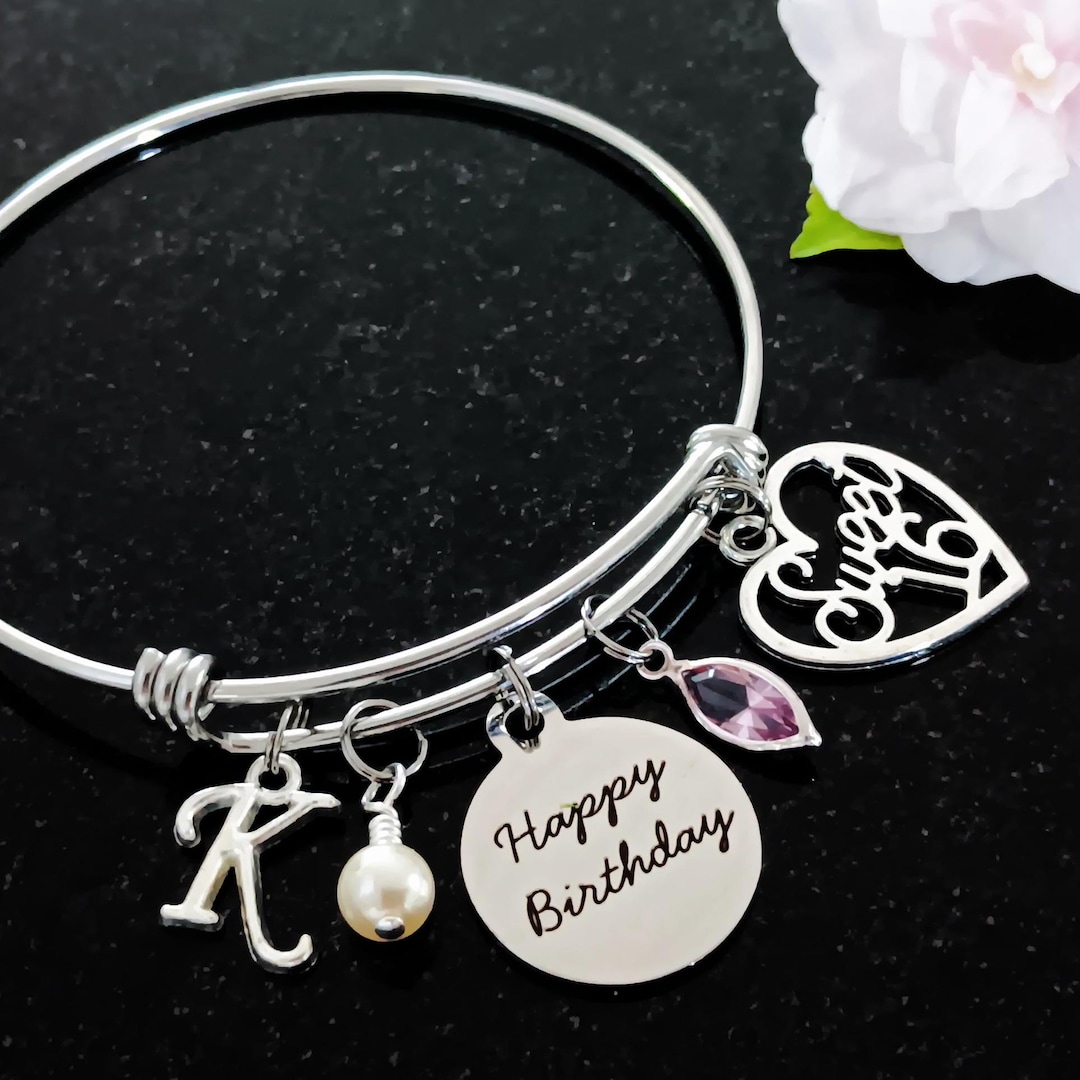 Sweet 16 Charm Bracelet: Personalized Initial, Pearl, Birthstone Bangle ...