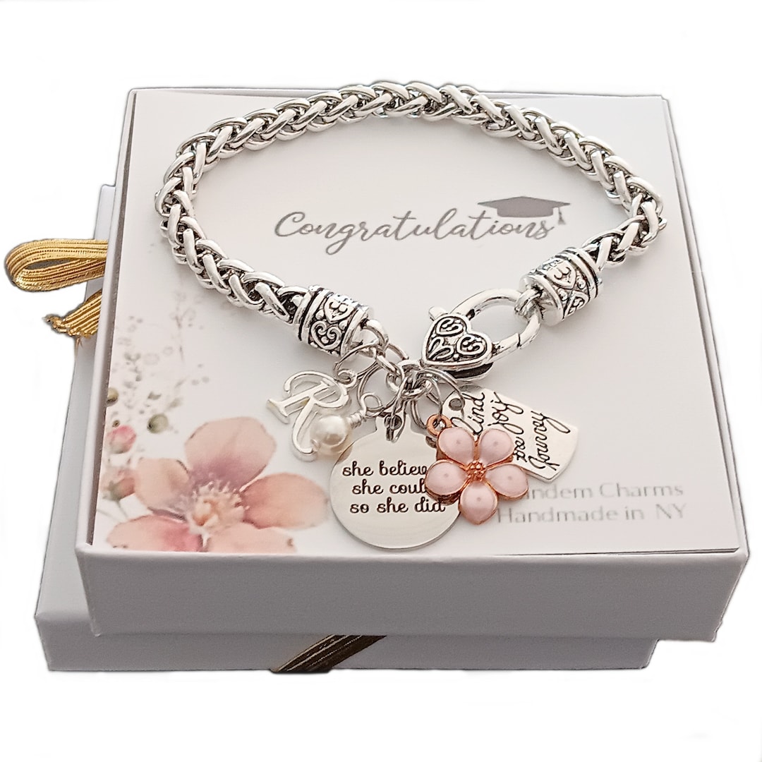 Personalized Graduation Bracelet: Initial Charm, Pearl, Inspirational ...