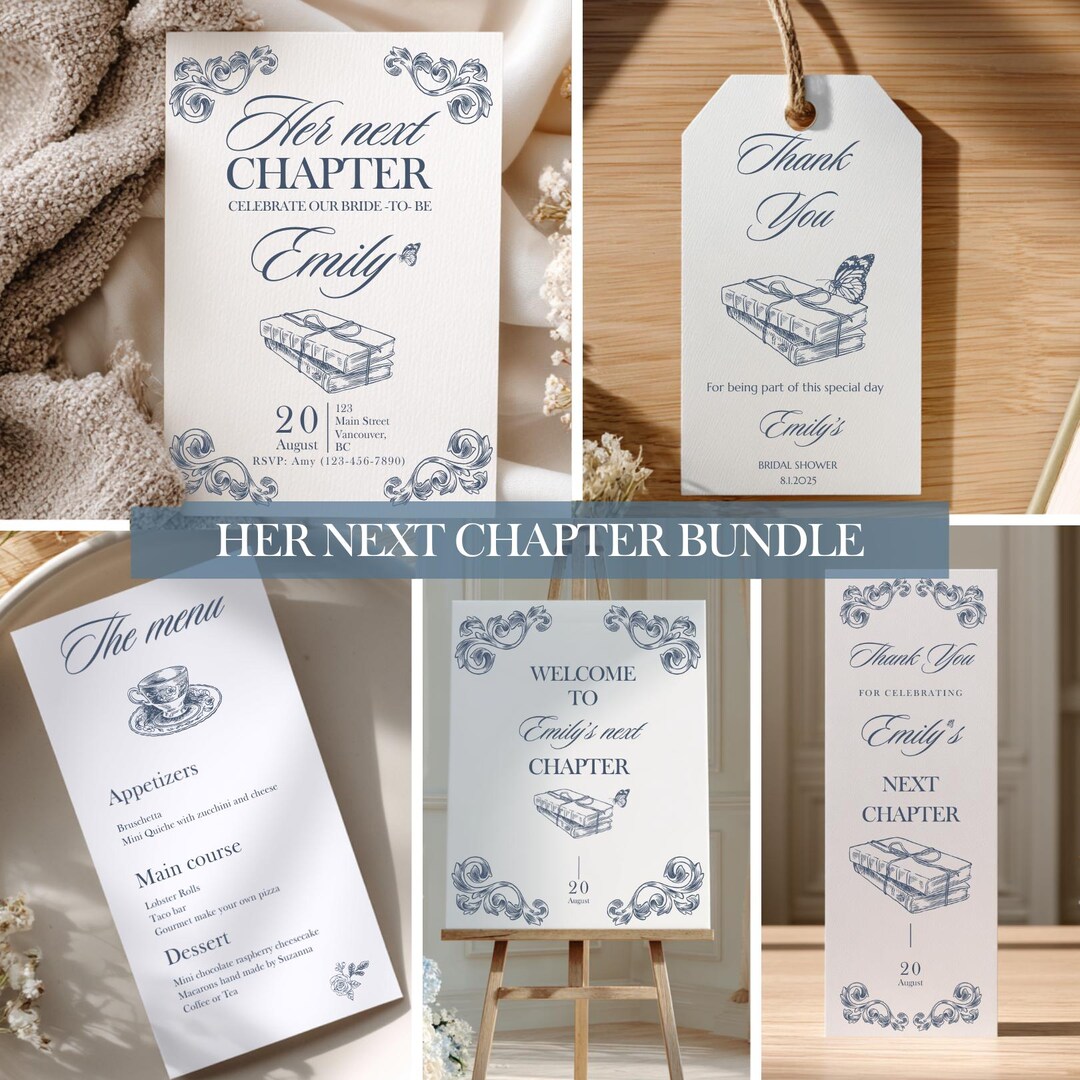 Her Next Chapter Bridal Shower Invitation Bundle, Printable Bridal ...