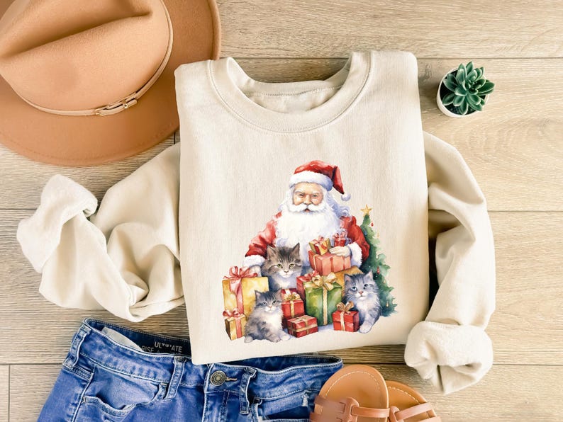 Cute Santa and Cats Christmas Sweatshirt, Santa Claus Kittens Holiday ...