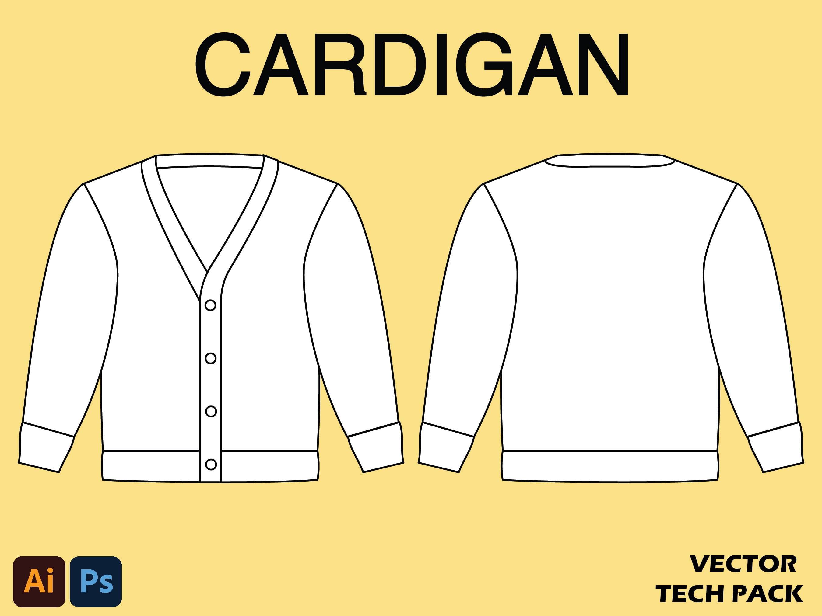 Cardigan, Oversized, Sweater, Streetwear, Tech Pack Template, Mock up Template, for Illustrator ...