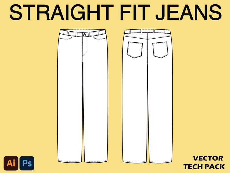 Streetwear, Straight Fit, Denim, Jeans, Tech Pack Template, Mock up ...