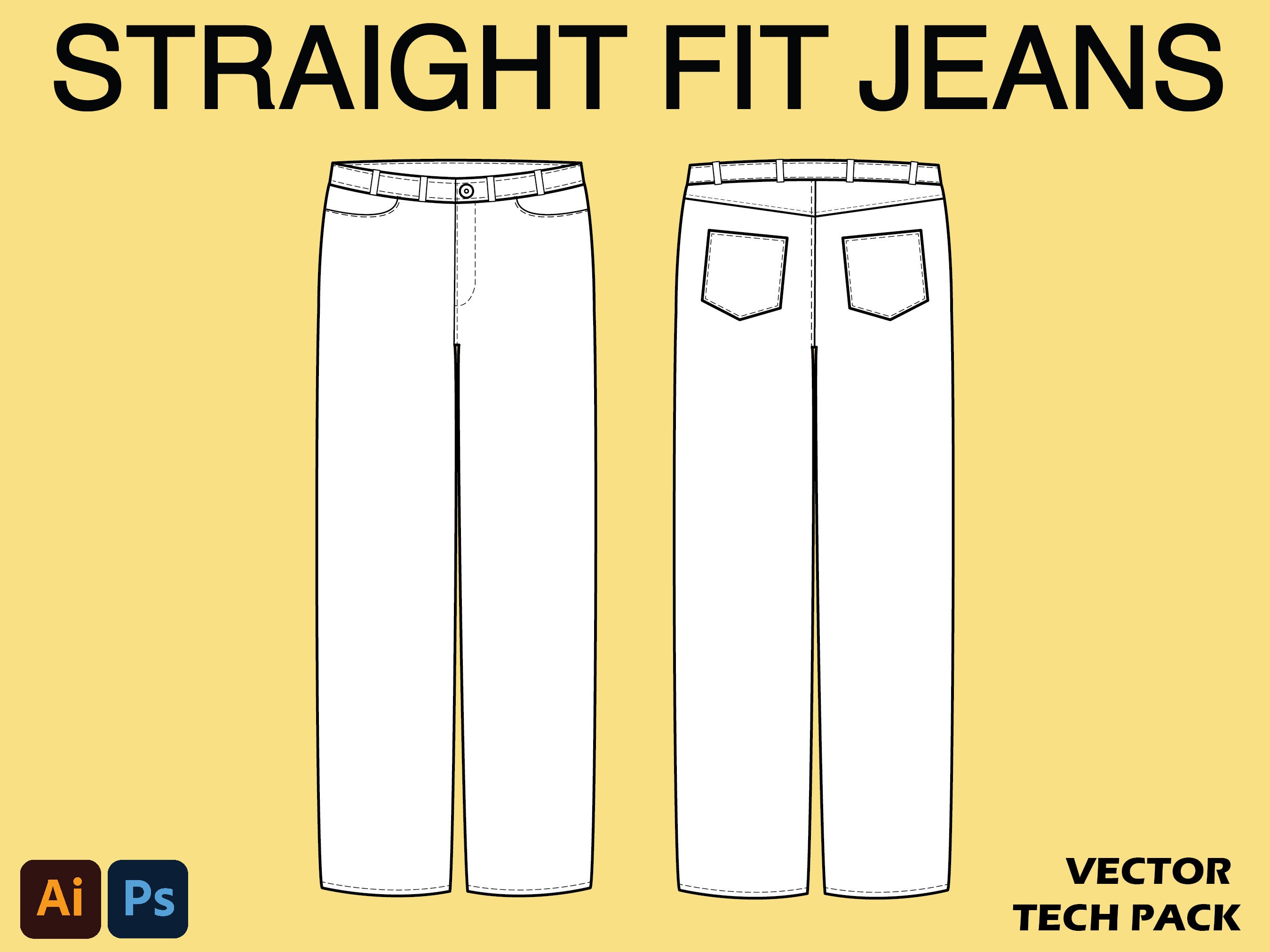 Streetwear, Straight Fit, Denim, Jeans, Tech Pack Template, Mock up ...