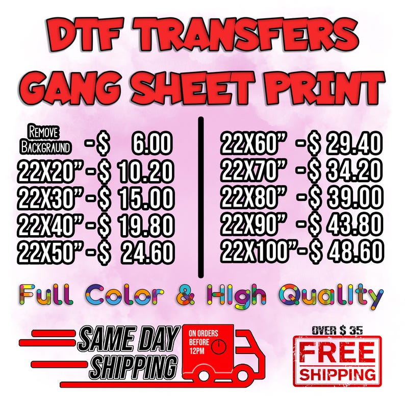 Custom DTF Gang Sheet Ready to Press, Full Color Heat Transfers for ...