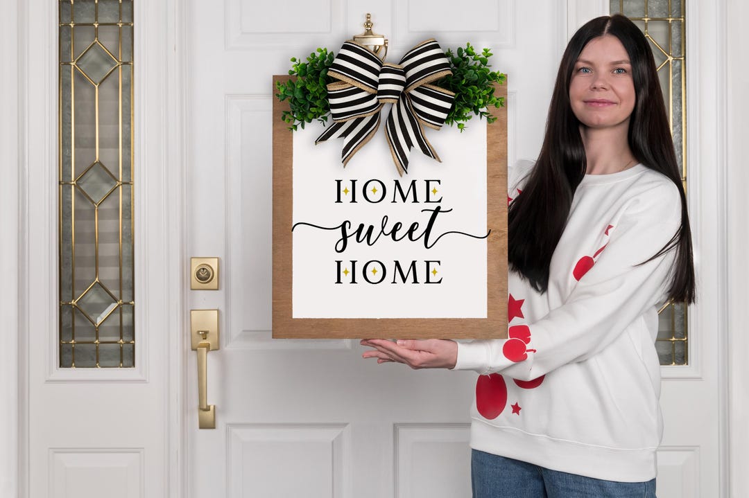 Home Sweet Home Door Sign With Bow and Greenery | Farmhouse Style Front ...