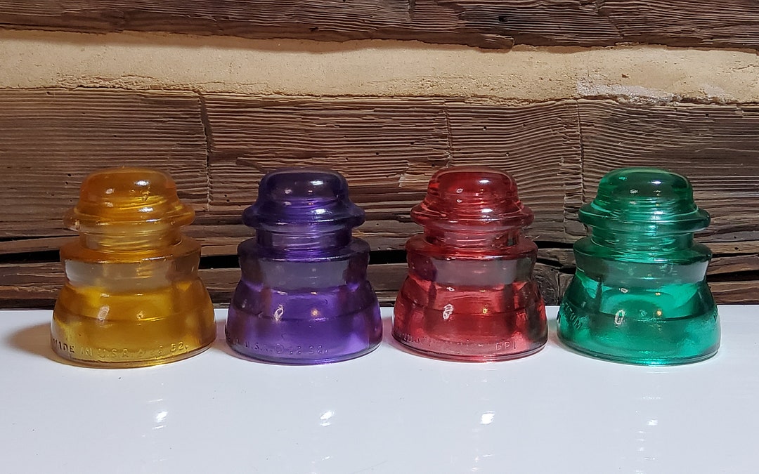 4 Stained Antique Glass Insulators . Red, Green, Orange, & Purple. Set ...
