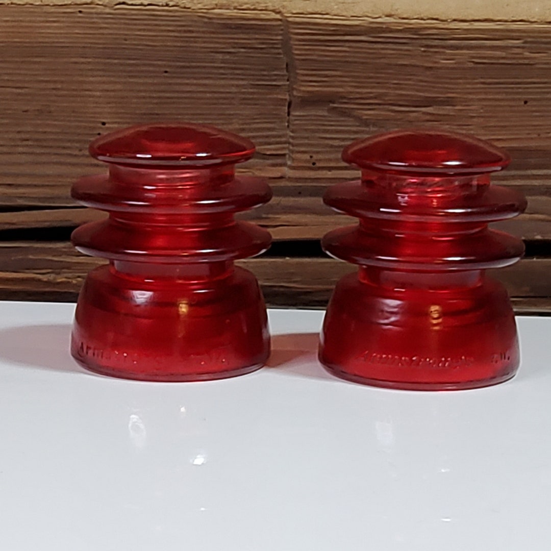 Set of 2 Vintage Red Stained Glass Insulators, Authentic Antique Decor ...