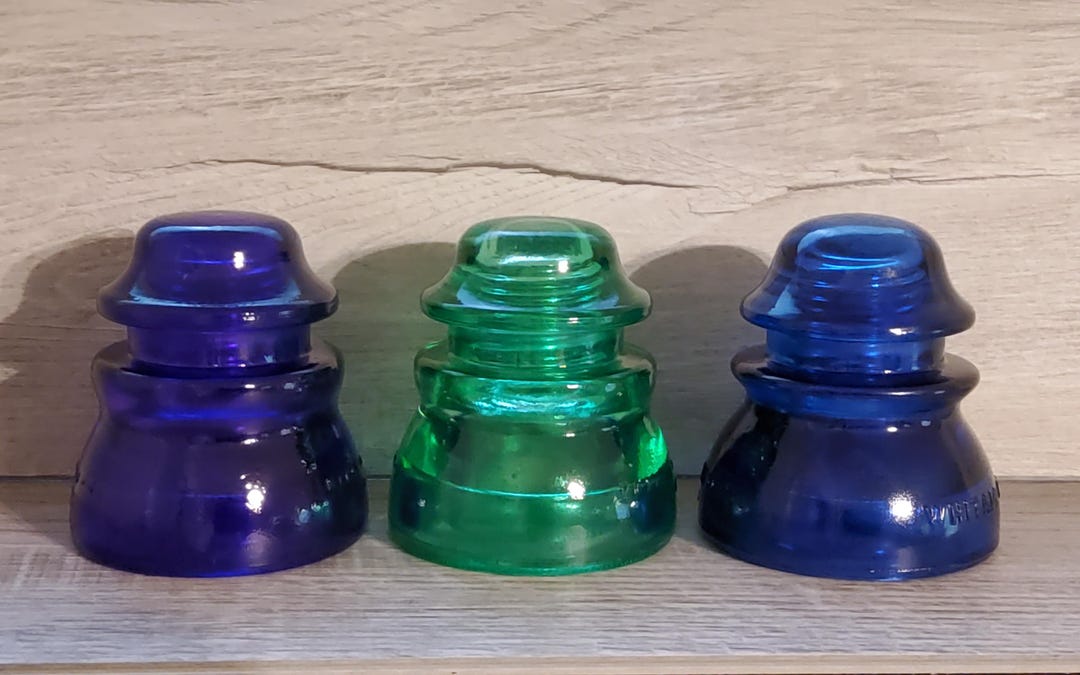 3 Authentic Vintage Glass Insulators Colorized Purple Green & Blue. Set ...