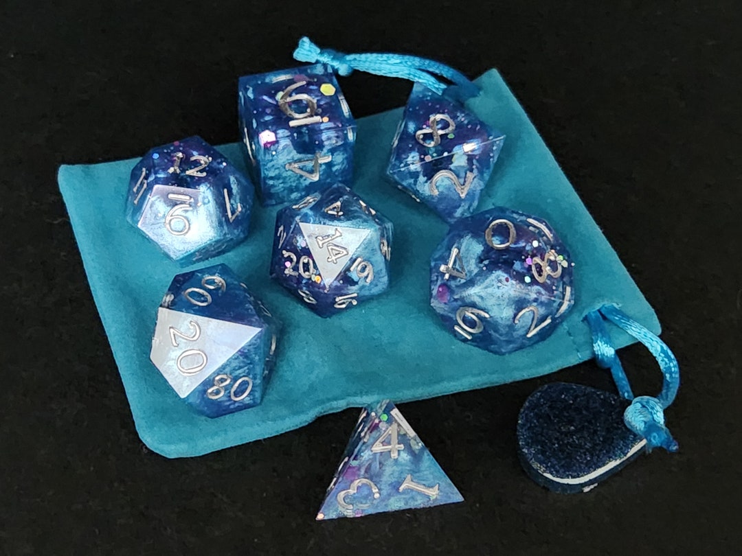 Dnd 7 Piece Dice Stormy Seas 002 Handmade Deep Blue and Cyan Metallic Mica minimal Imperfections ...