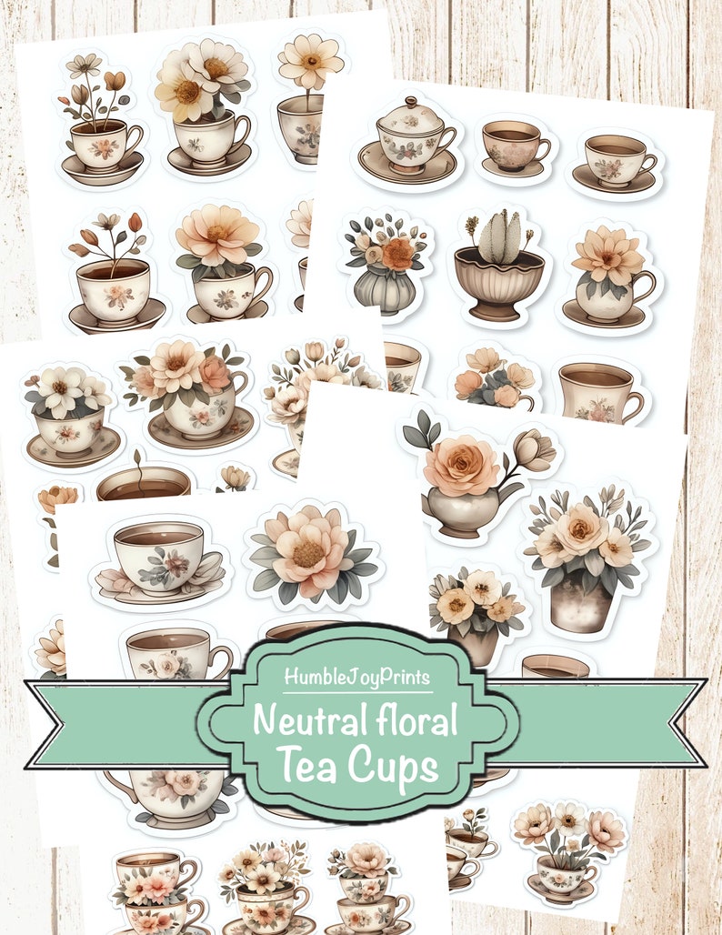 Neutral Floral Tea Cups Printable, Penpal, Junk Journal, Scrapbook ...
